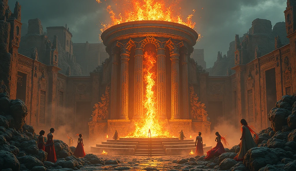 Fantasy Fire Temple, ancient ruins around, flames rise from the ...