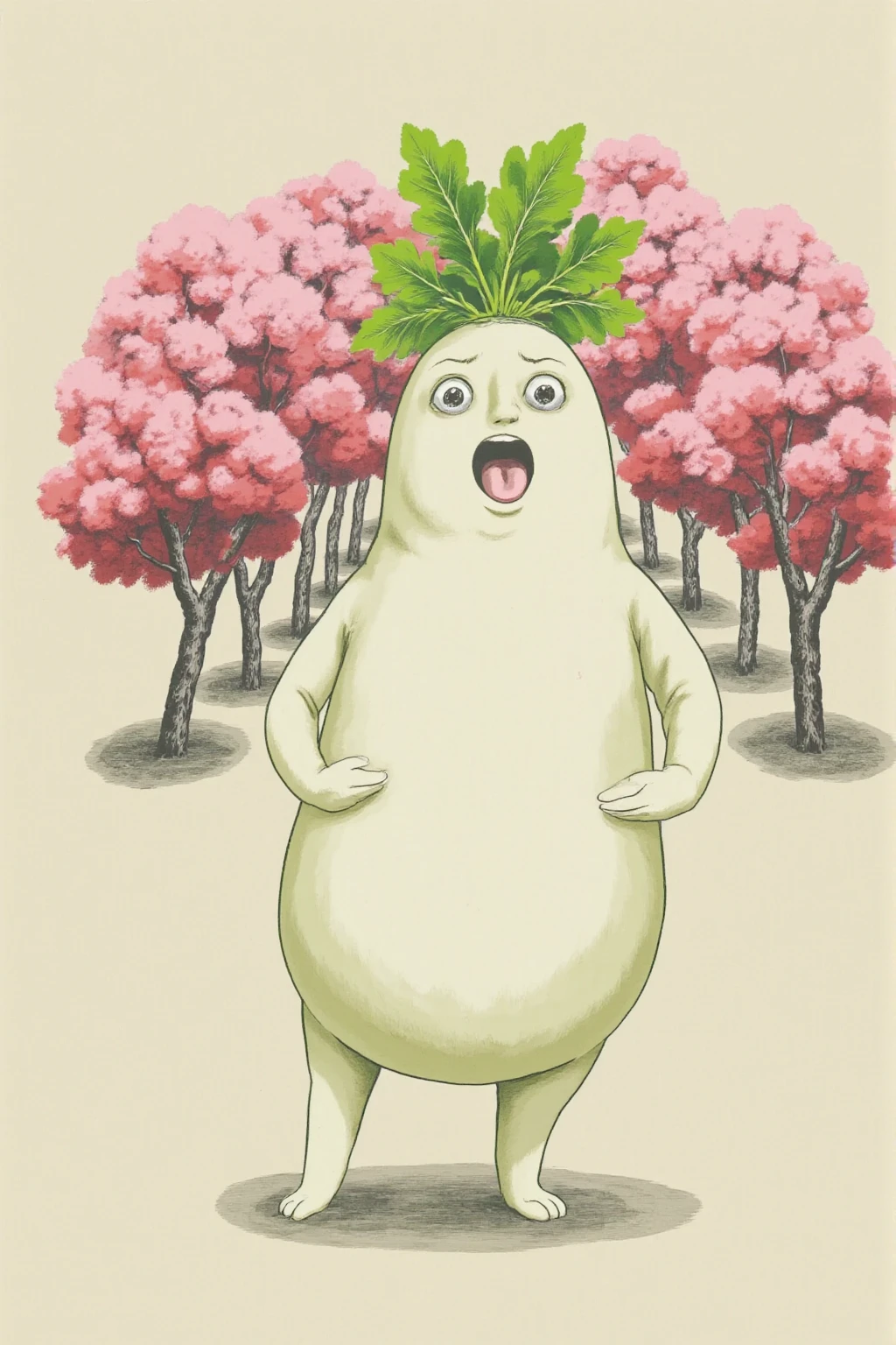 A fat daikon with arms and legs standing on a simple background - SeaArt AI