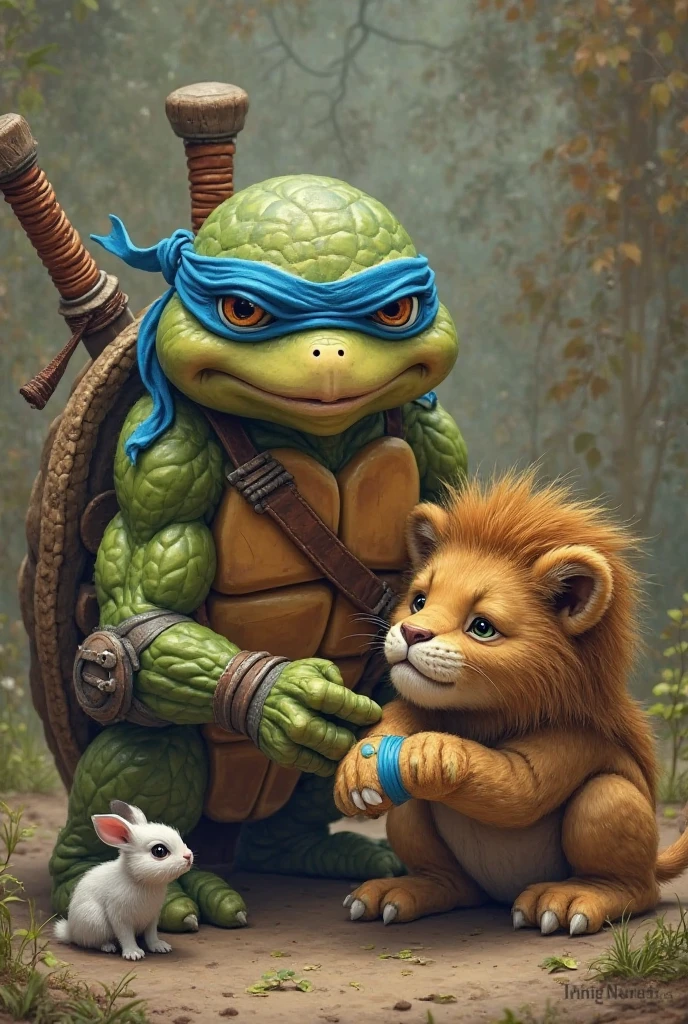 A quirky ninja turtle, with oversized, droopy eyes and a crooked blue ...