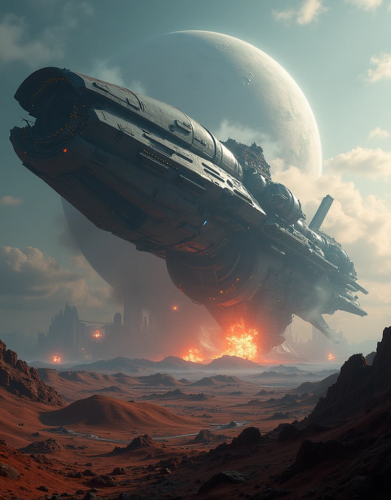 A huge futuristic ultra hi-tech alien spaceship crash which got crashed ...