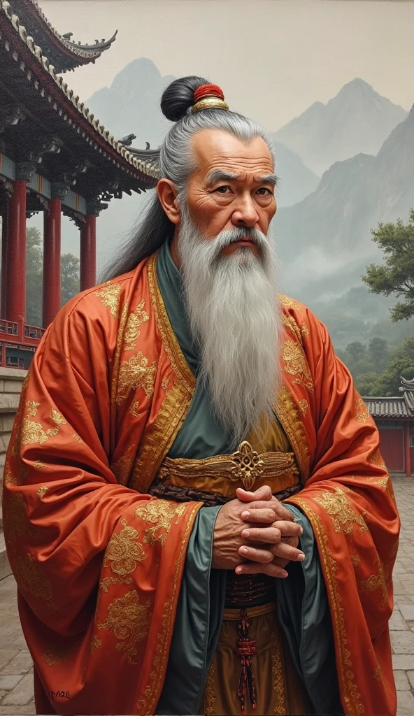 A highly detailed oil painting of an elderly Confucius, showing three ...