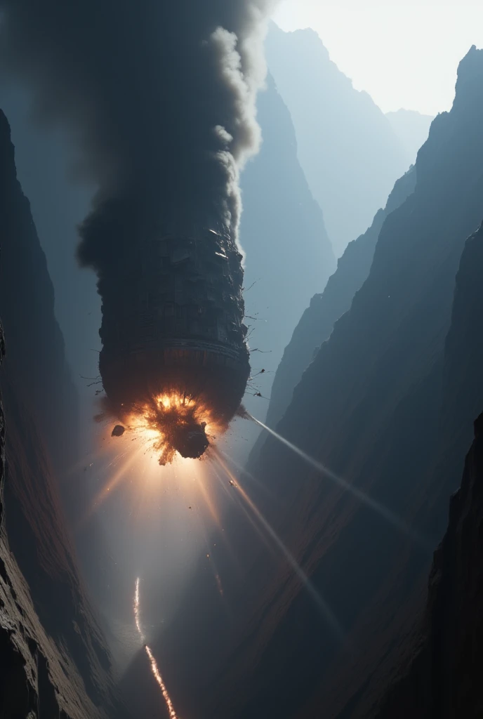 A spaceship hit by, falls into a gorge shrouded in fog, stones and dust ...