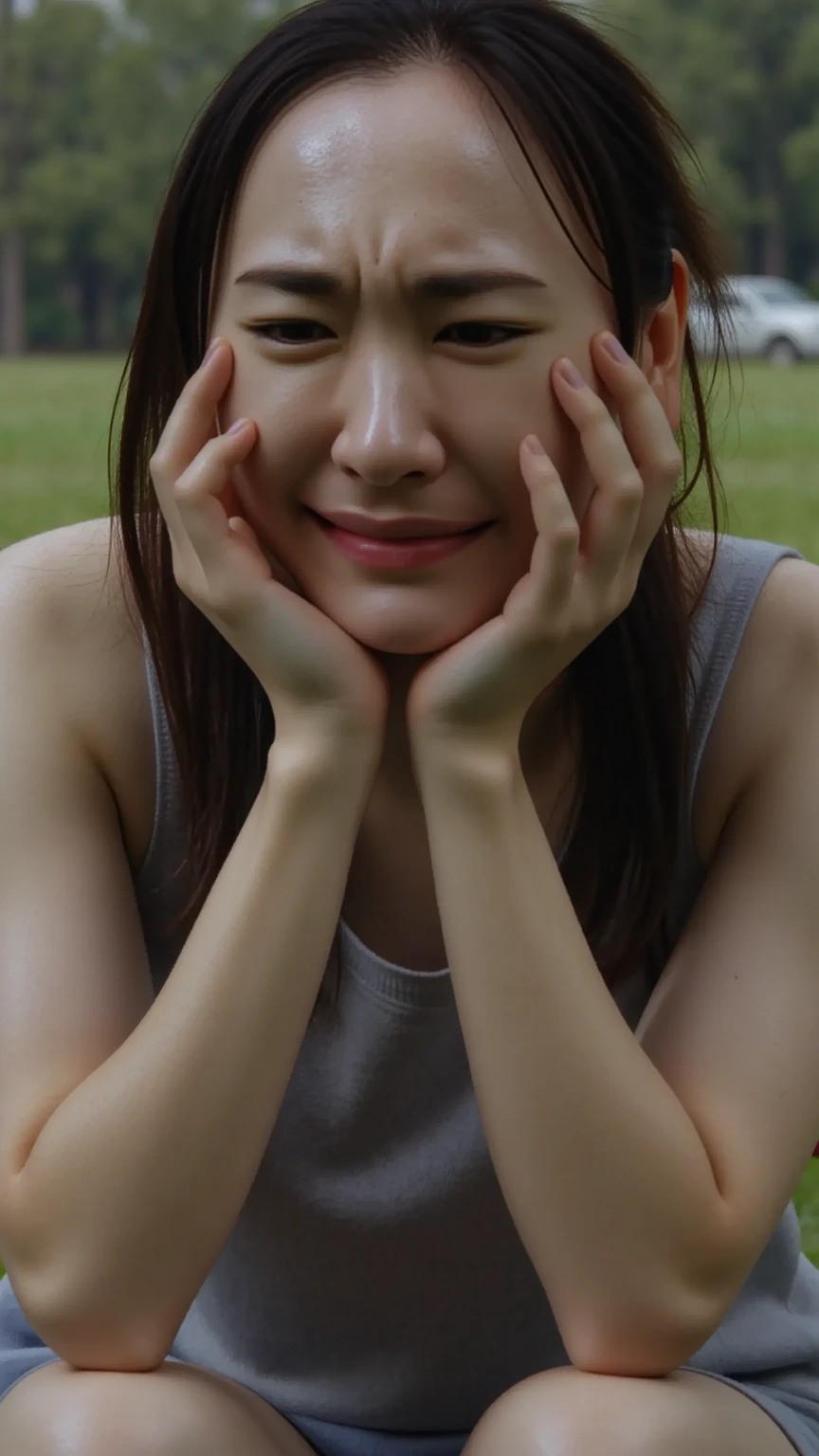 A beautiful woman sits on a park bench in the rain、Standing on the ...