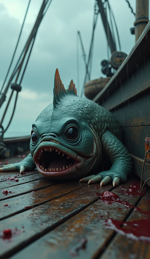 Fish with a monstrous humanoid face, He lies dying on the deck of a ...