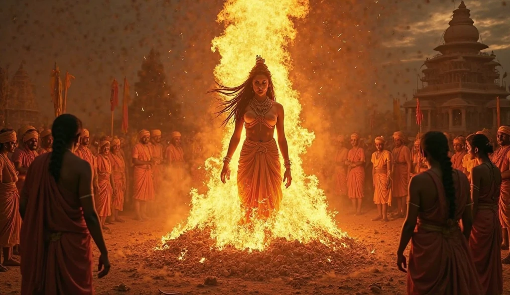 "Amidst the grandeur of the Daksha Yagna, Goddess Sati is engulfed in ...