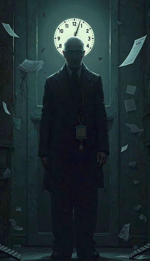 "A shady figure in a crumpled suit, with a hanging badge, appears in a ...