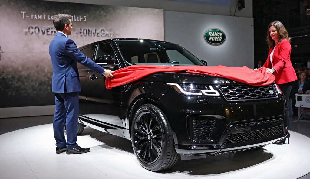 "Create an image showing a black Range Rover being unveiled on a stage ...