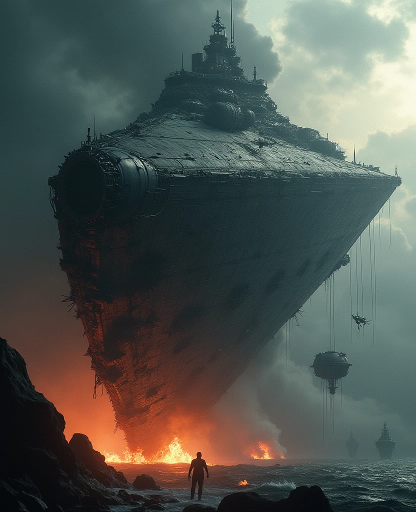 The wreck of a huge spaceship, parts of the skin break off from it ...
