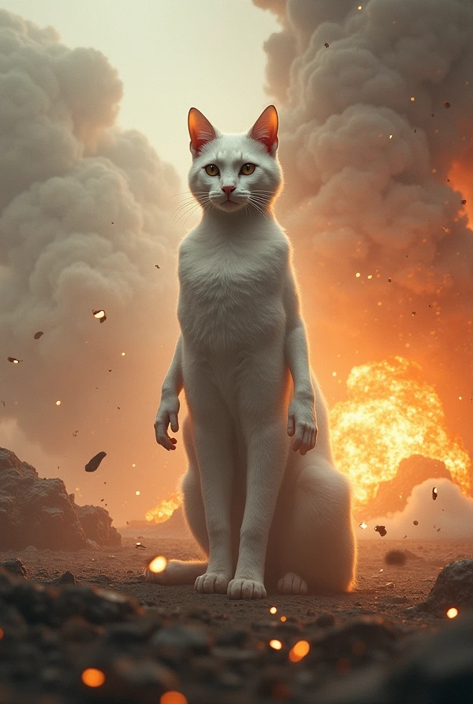 Humanoid tranquil cat , chaos and explosion behind him - SeaArt AI
