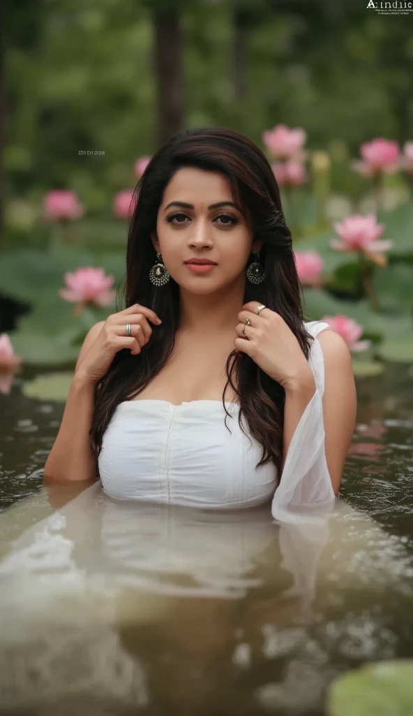 Indian Busty Woman Emerging Gracefully From A Serene Forest Pond Filled