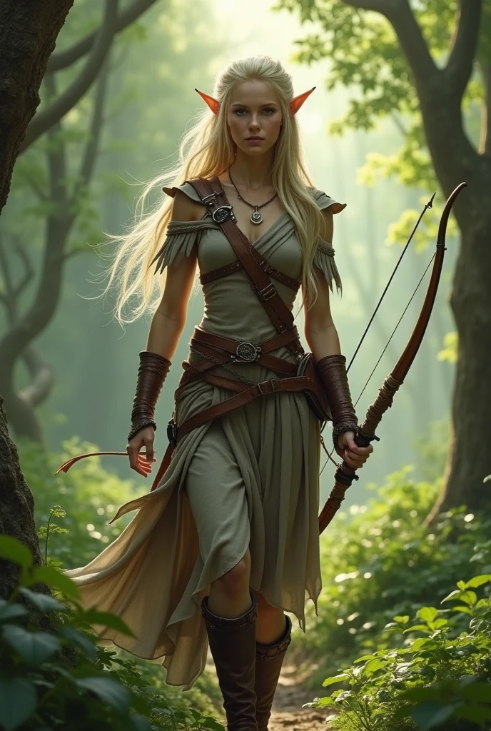 An elf, who walks through the woods with a taut bow, her long golden ...