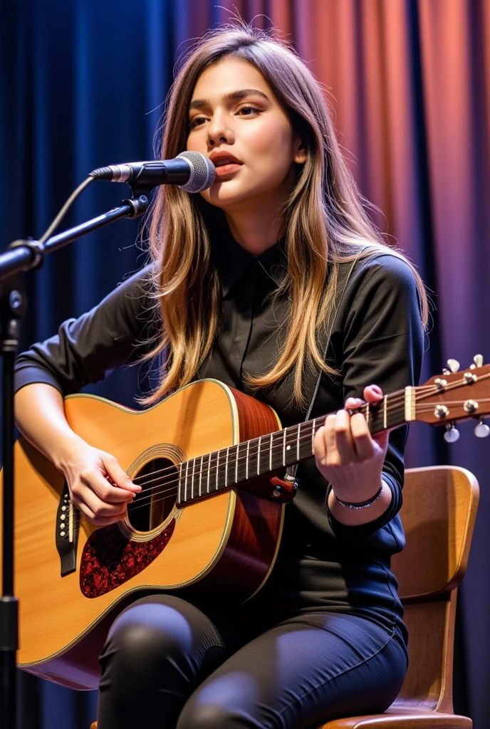 Street artist, woman is singing into microphone while playing guitar ...