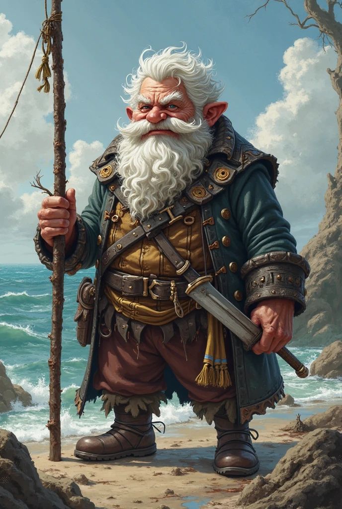 A age pirate dwarf. He has a fishing rod. He is white, has short curly ...