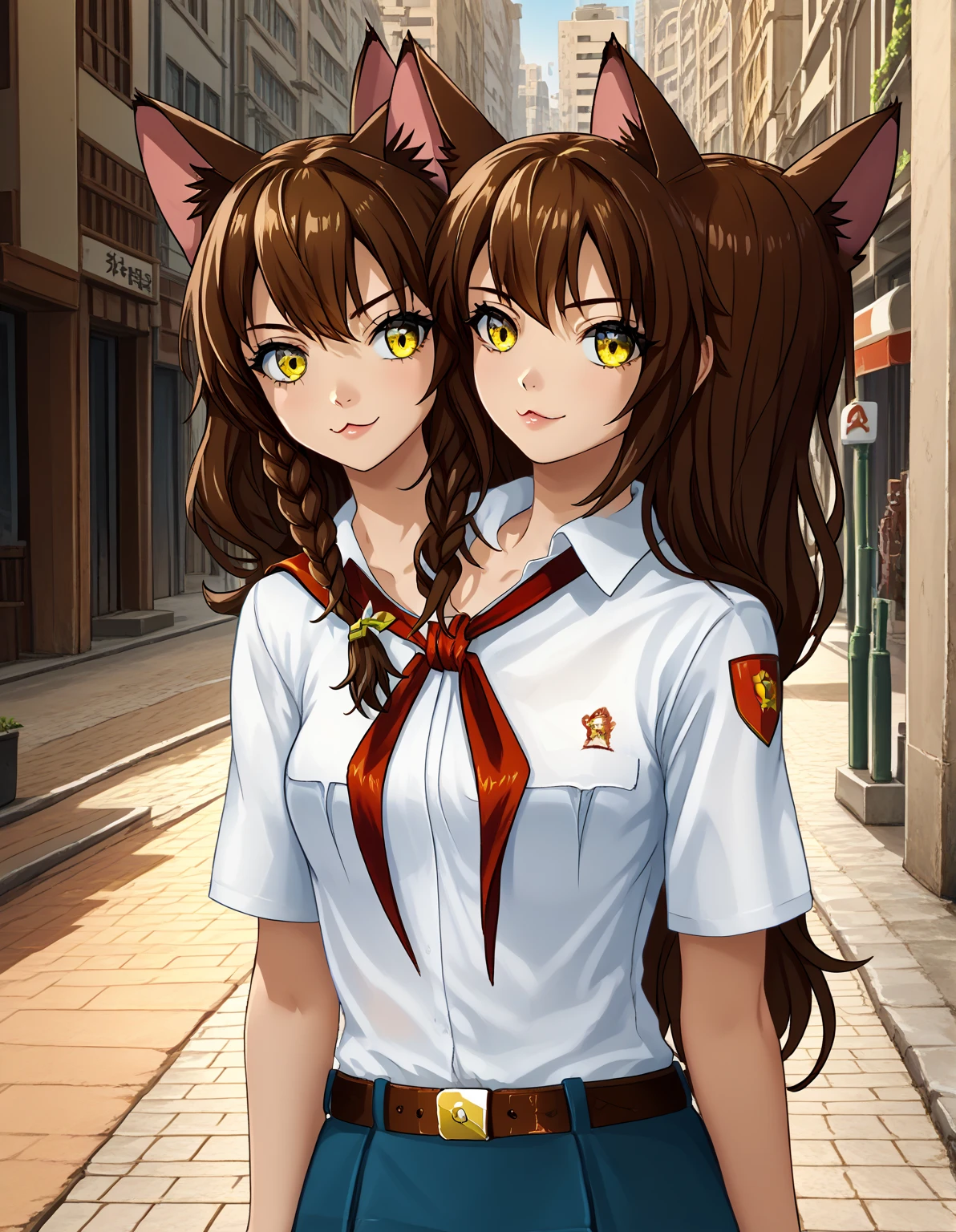 Score_9, score_8_up, source_anime, 1girl, three heads, conjoined ...