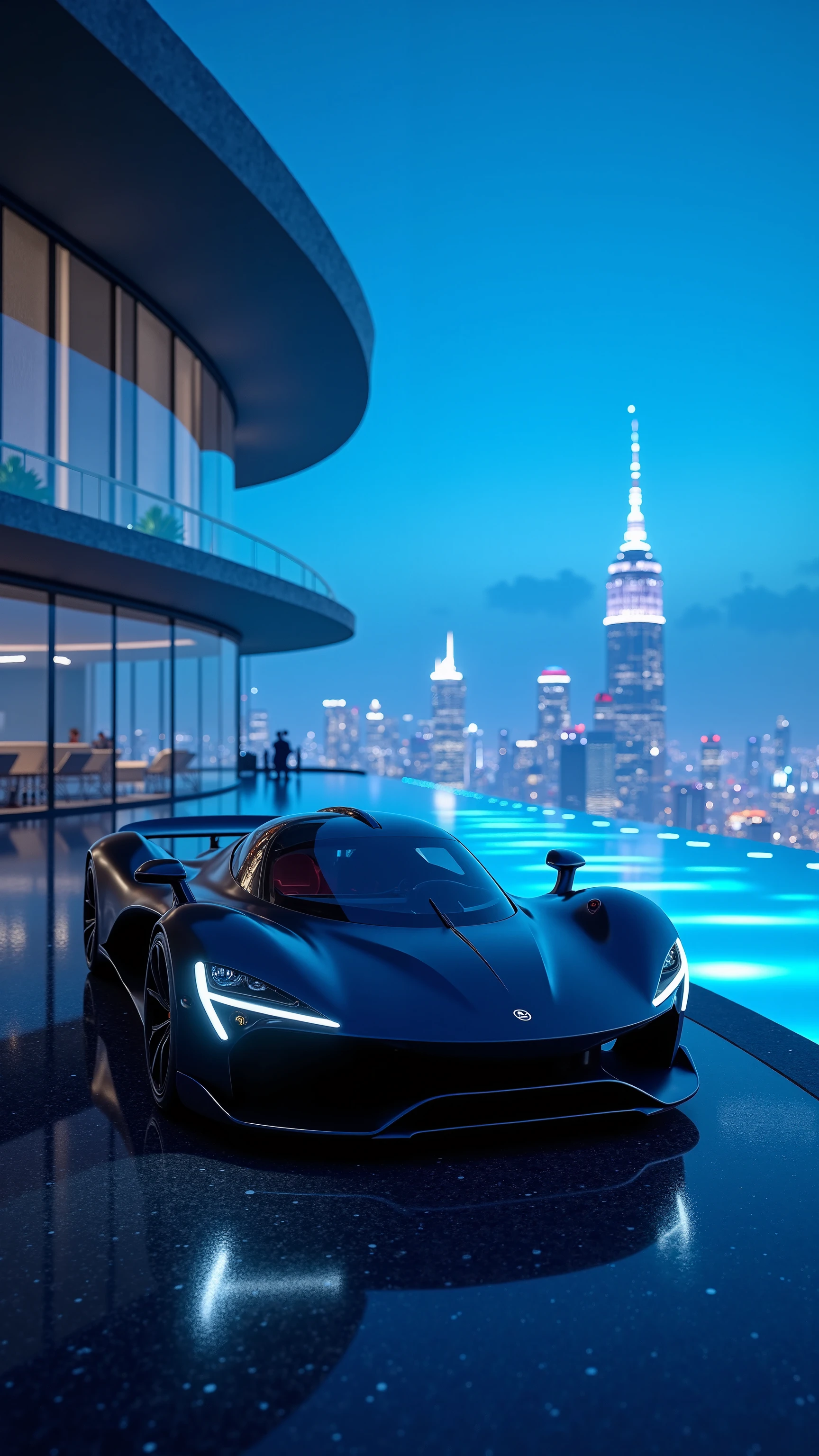 Arafed sports car parked on a rooftop overlooking a city at night ...