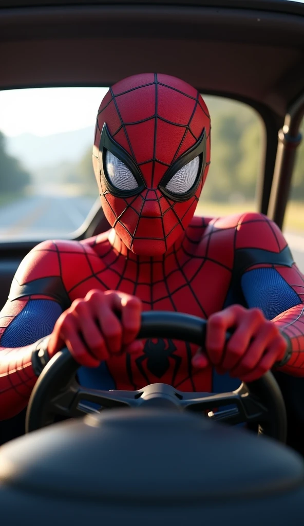 Prompt: A hyper-realistic image of Spider-Man gripping the steering ...