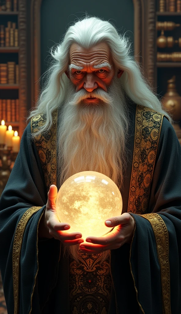 A highly detailed and realistic 8K image of an elderly mystical figure ...