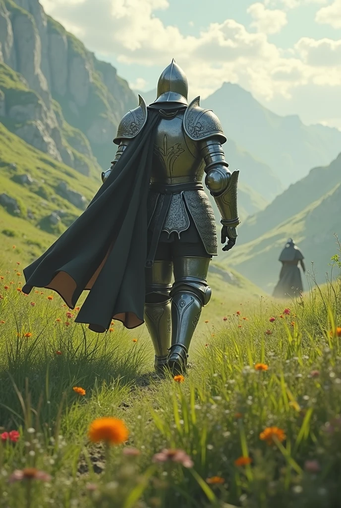 Take me a picture of a knight going through some semi sum the camera is ...