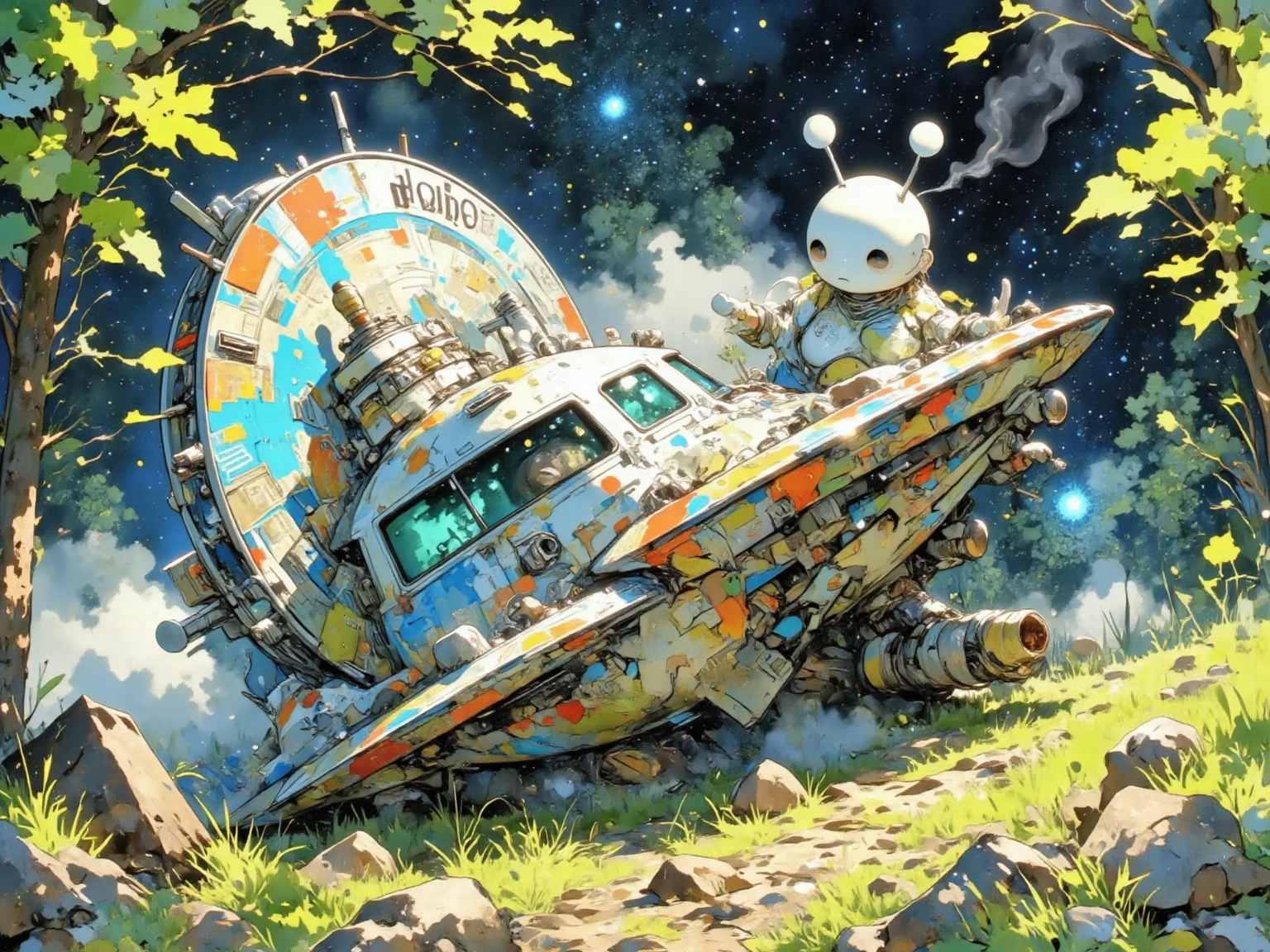 Masterpiece, best quality, A disc-shaped spaceship has fallen into the ...