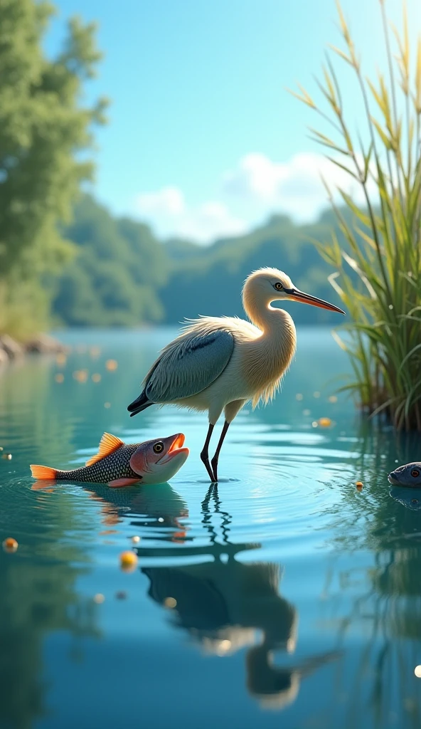 The bird drops the fish back into the clear blue water; the fish looks ...