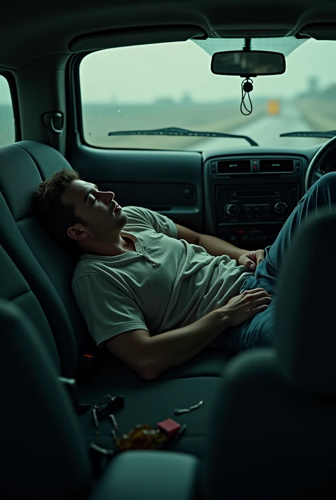 Man sleeping inside a car and stinking - SeaArt AI
