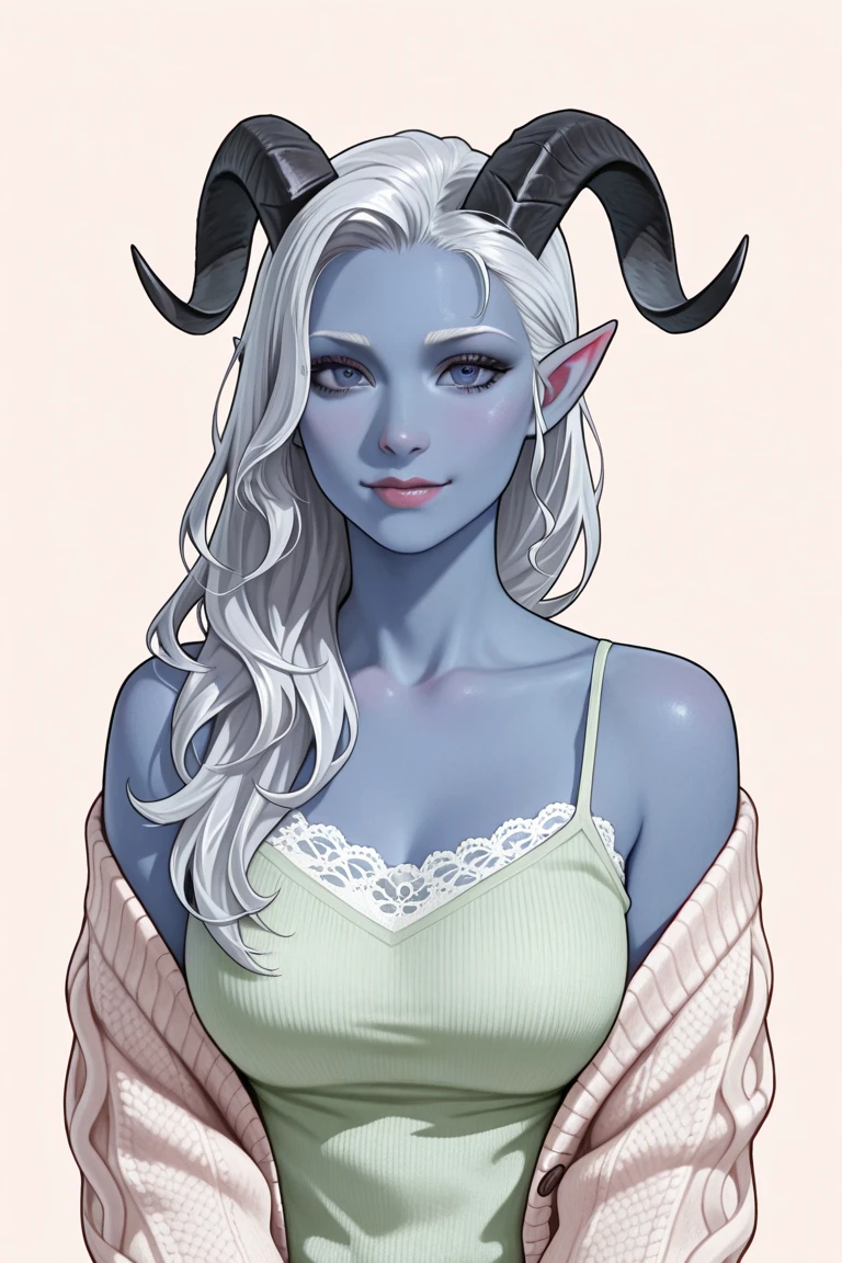 A 20-year-old tiefling woman, long wavy silver hair, her skin tone is ...