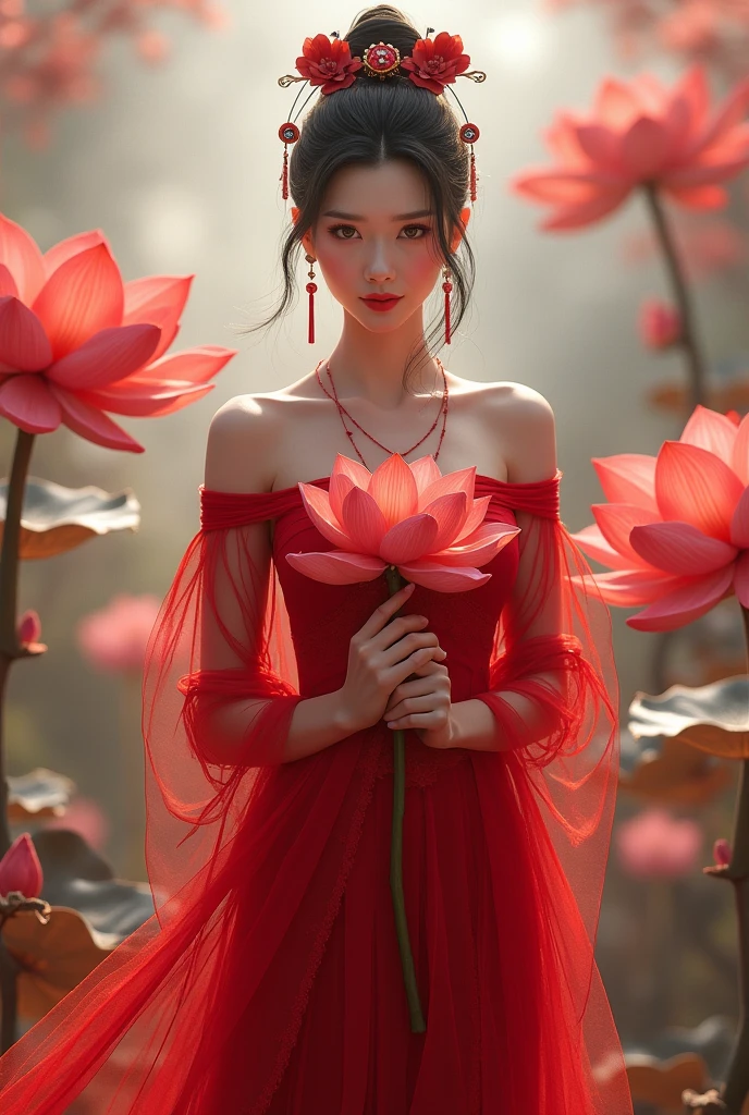Charectar from btth name cailin in red dree holding louts - SeaArt AI