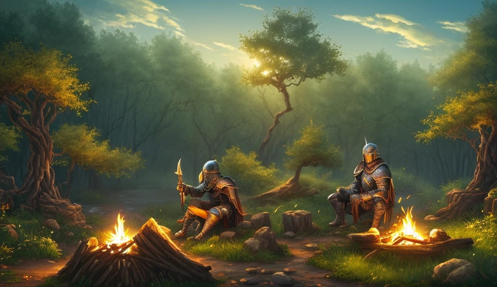 A pixel art scene of a weary knight in tattered silver armor sitting on ...