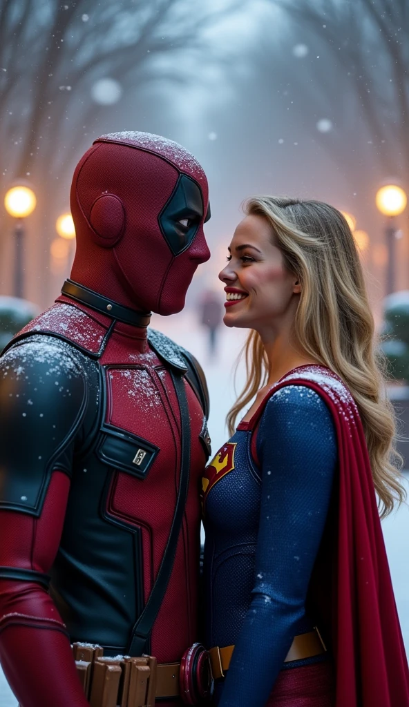 Ultra-realistic cinematic rendering of Deadpool and Supergirl standing ...