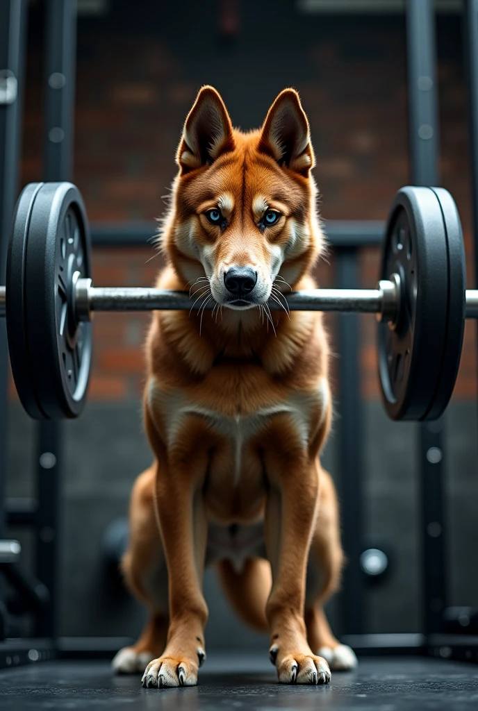 A brown husky dog inside a gym. He lifts 50 kilograms of barbel and ...