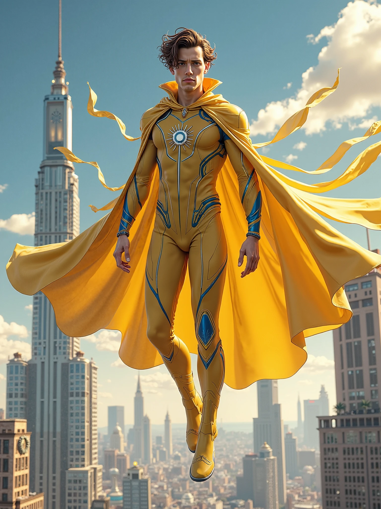Arafed man in a yellow suit flying over a city - SeaArt AI