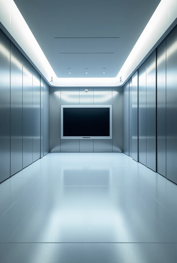 An technological room with grey polished walls and faint white lights ...