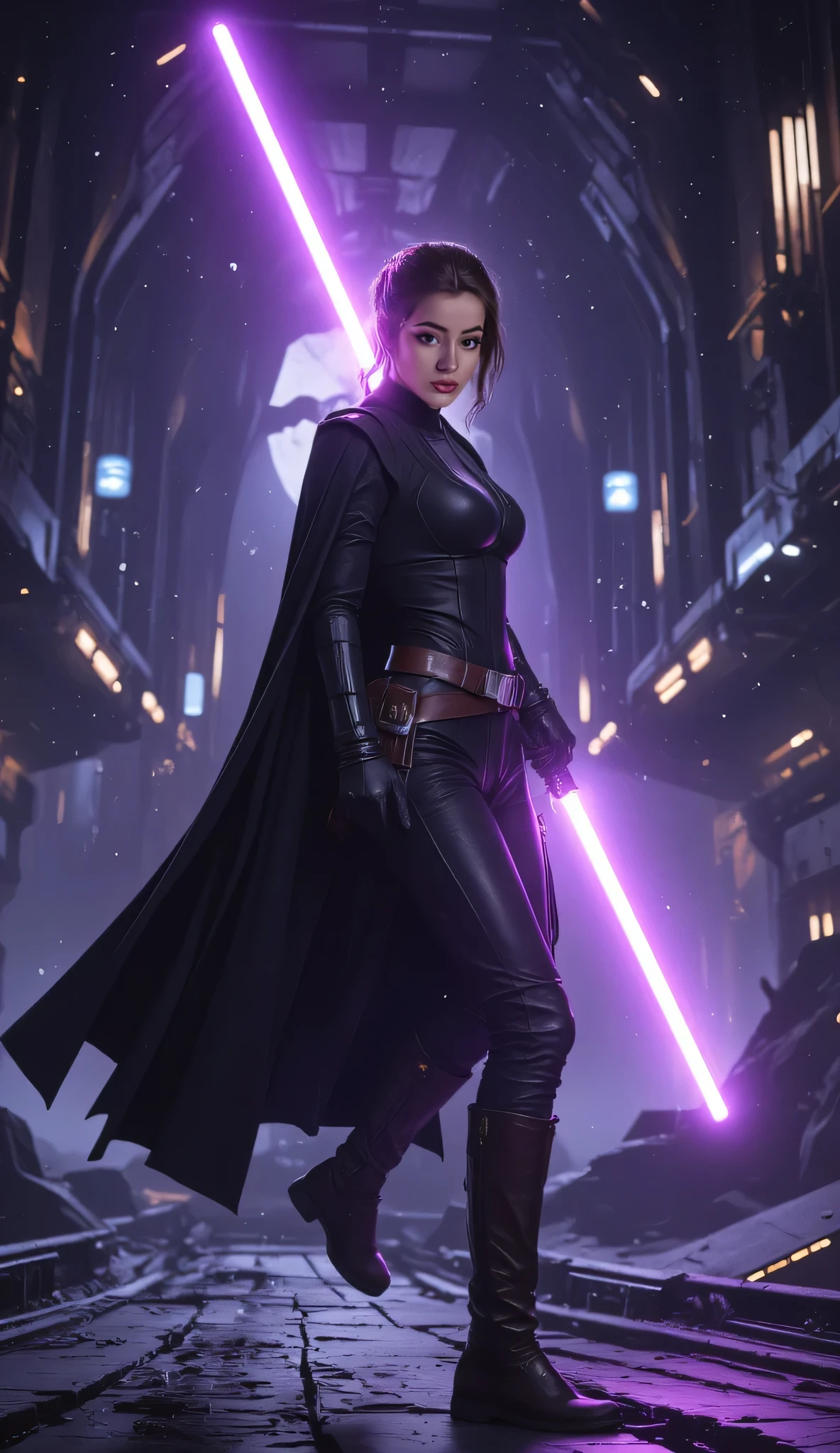 A woman in a black outfit and a purple light saber stands in a dark ...