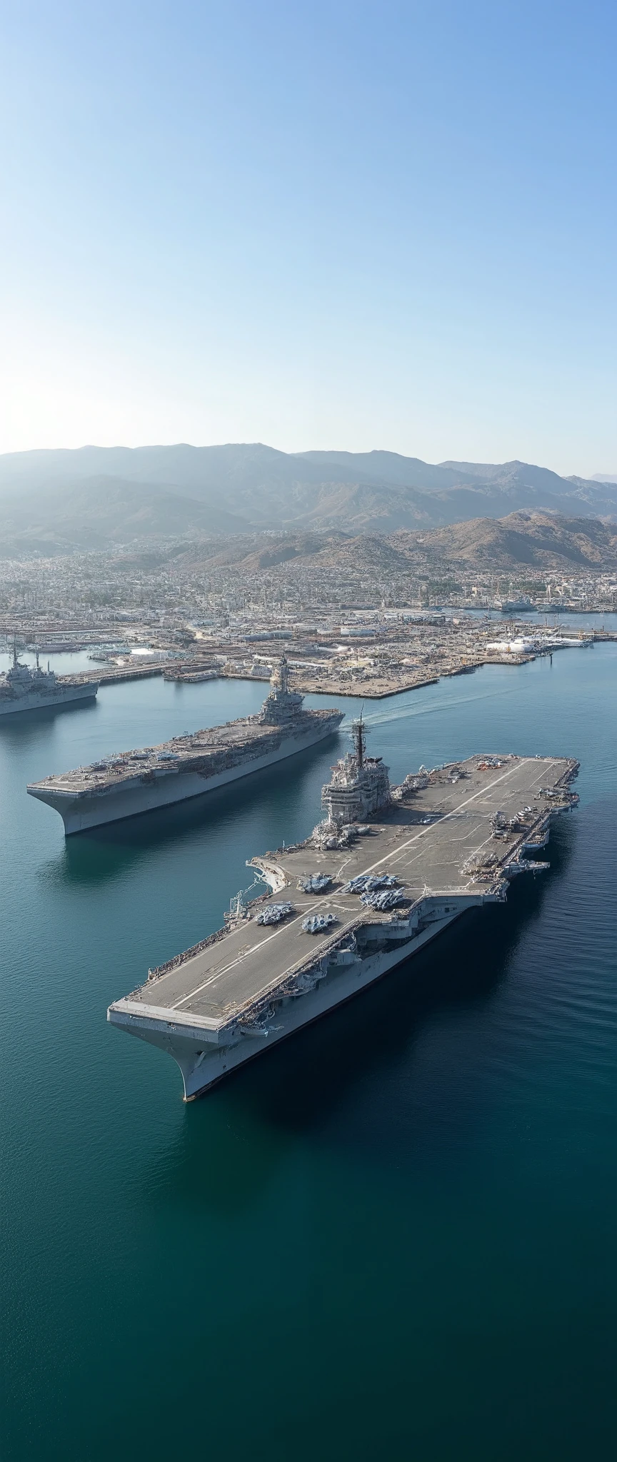 Arafed aircraft carrier in the water with two smaller ships in the ...