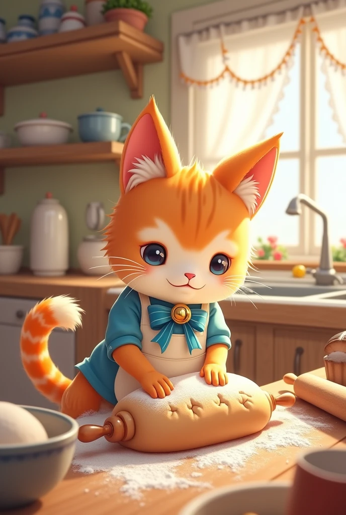 Cute cat palico in the kitchen. Blue ribbon with bell on neck - SeaArt AI