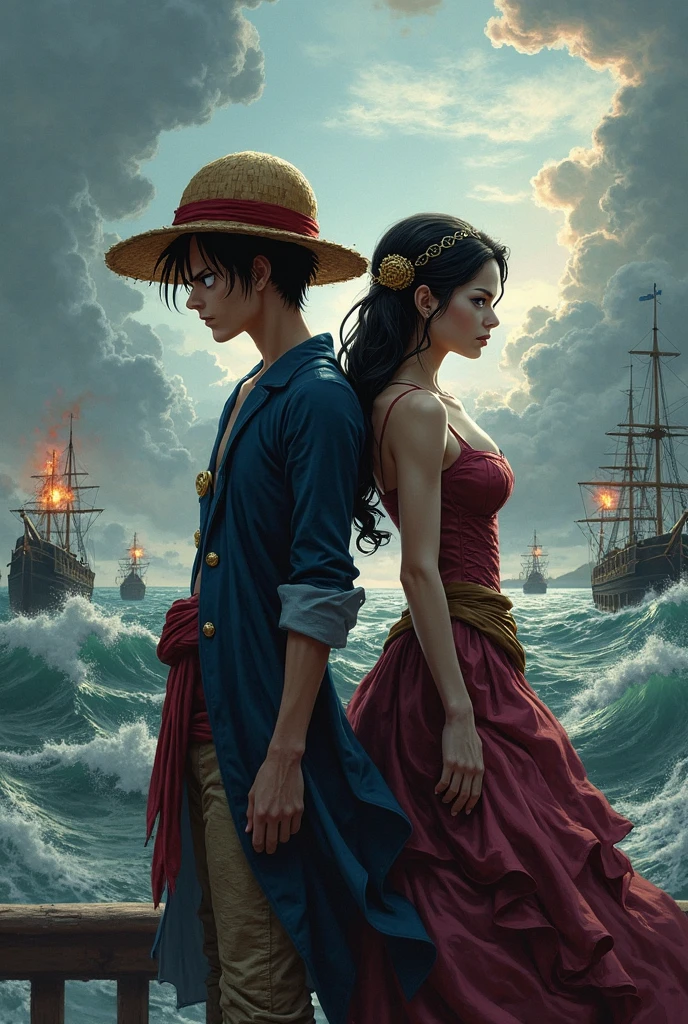 Monkey Dm Luffy from One Piece, leaning back to back with Boa Hancok ...