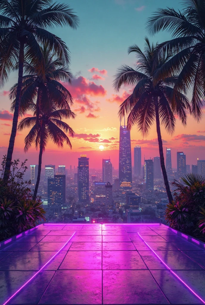 "A tropical cityscape at sunset with tall, detailed palm trees and ...