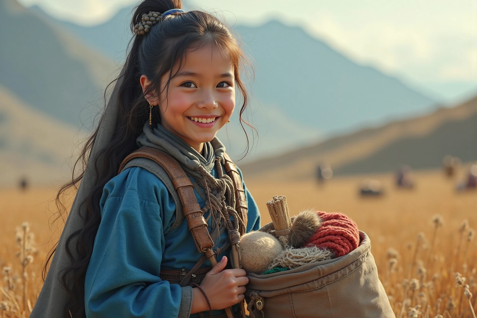Mongol girl from ancient times, smiling, expressive eyes, indigenous blue clothi - SeaArt AI
