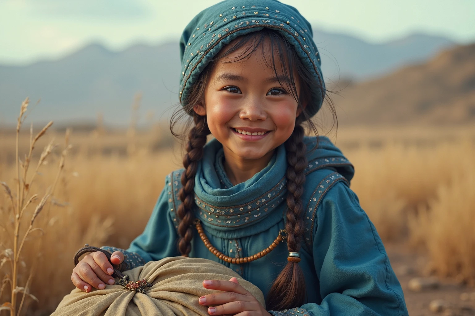 Mongol girl from ancient times, smiling, expressive eyes, indigenous ...
