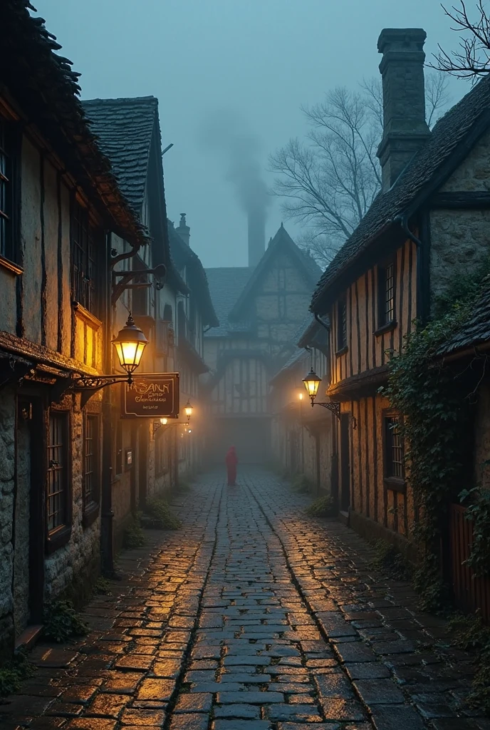 "A scene in the village of Bree inside its walls, on a rainy night ...