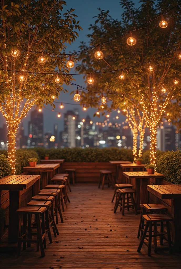 A night-time rooftop setting with warm fairy lights hanging from trees ...