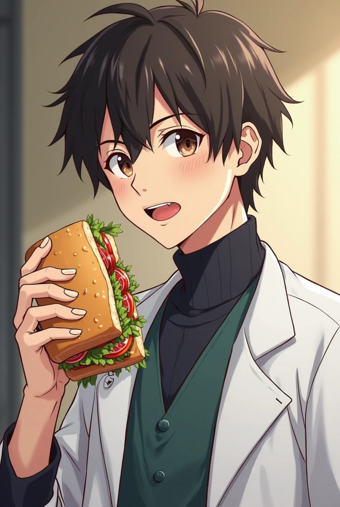 Anime image of a man holding a sandwich in his hand, kentaro miura ...