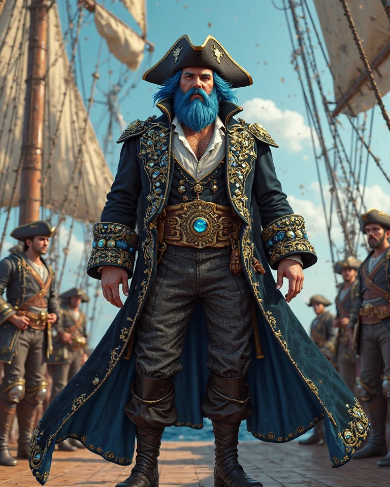 A male pirate captain with cobalt blue hair and beard. Black gold ...
