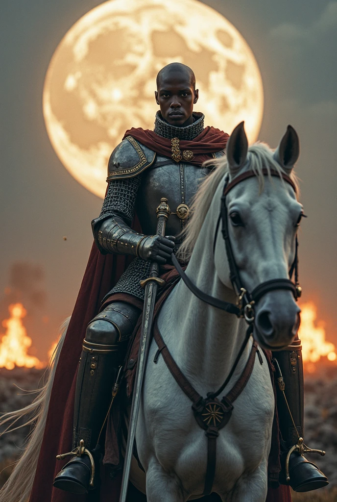 A helmetless medieval knight with black skin, shaved hair and the look ...