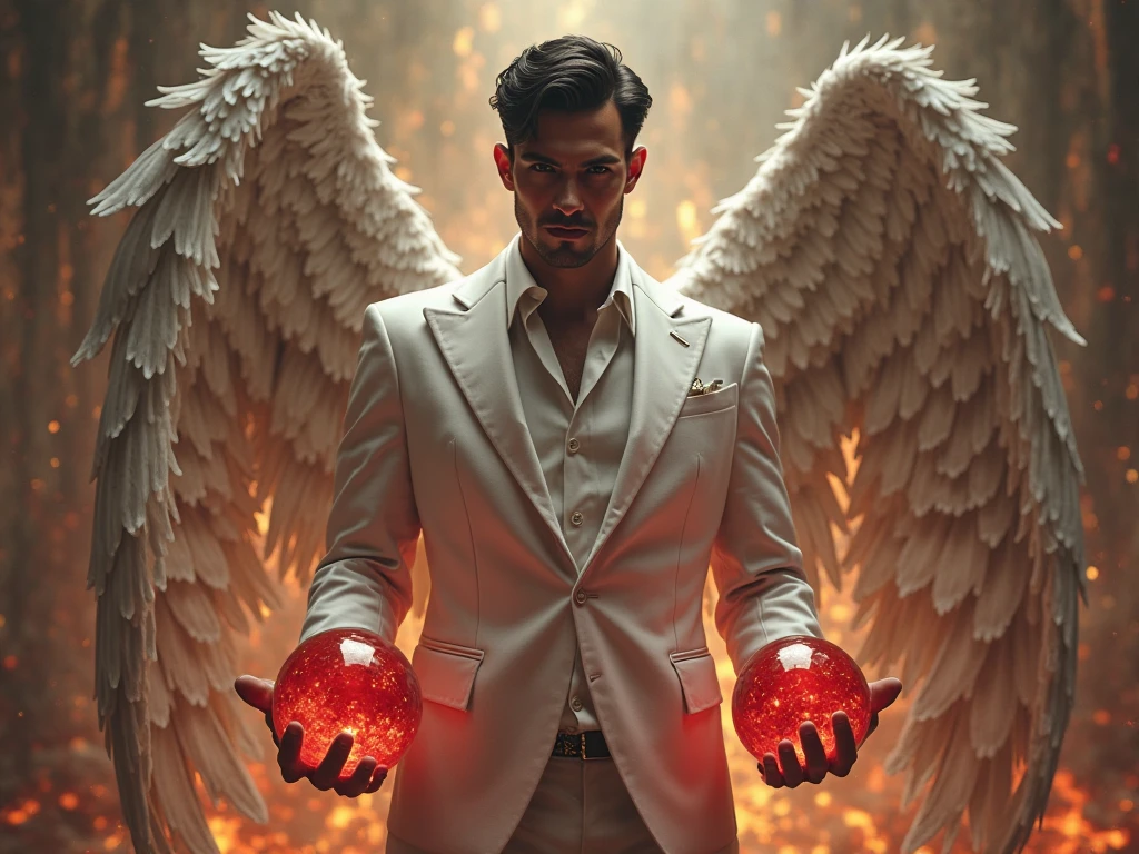 Face Lucifer man black hair short white suit angel wings in hell ...