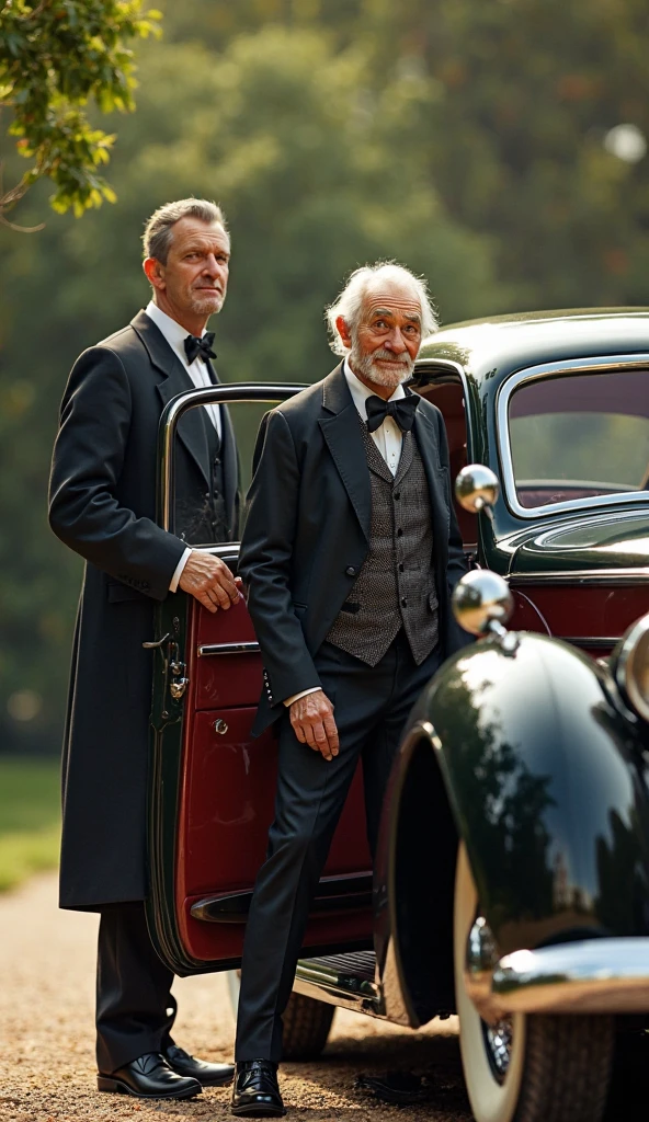 Very realistic image of an old count in his old luxury car and a butler ...