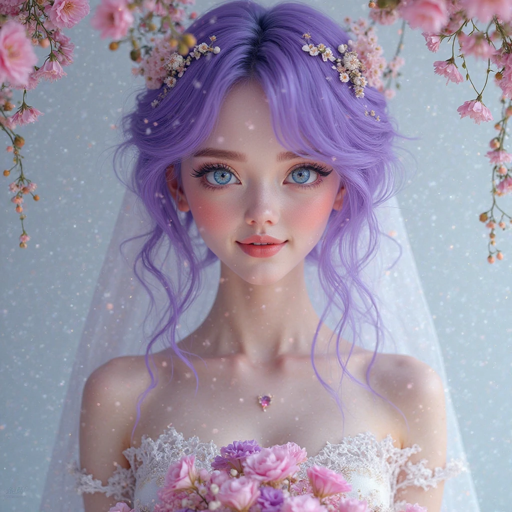 Create a ai type of a bride with a purple hair, smile, blue eyes ...