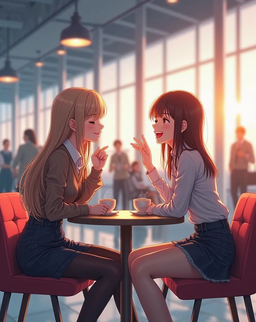 Two beautiful anime women sit together at a small café table in an ...