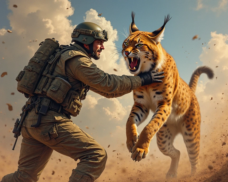 A realistic picture of an Egyptian lynx attacking an Israeli soldier ...