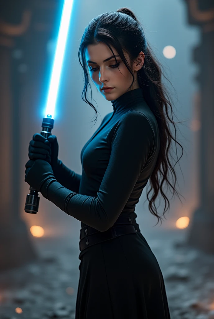 Sexy Jedi girl short combat dress black and long hair with a double lightsaber - SeaArt AI